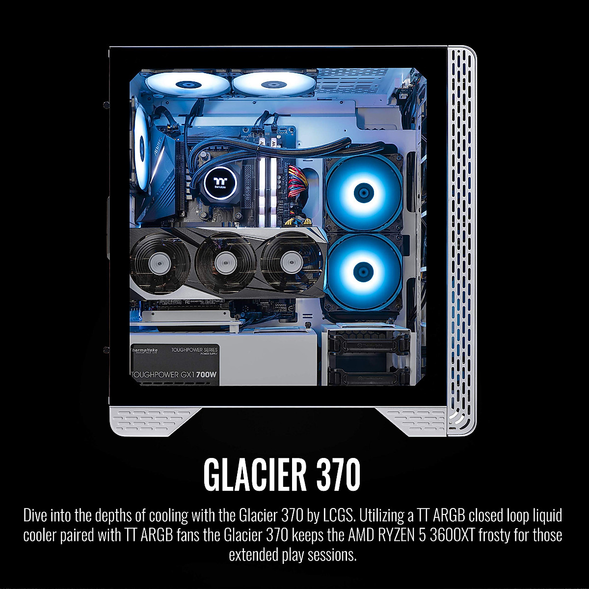 Thermaltake Glacier 370 Liquid-Cooled PC (AMD Ryzen 5 5600X, RTX 3070, 16GB RGB 3600Mhz DDR4 ToughRAM RGB Memory, 1TB NVMe M.2, WiFi, Win 10 Home) Gaming Desktop Computer S3WT-B550-37G-LCS
