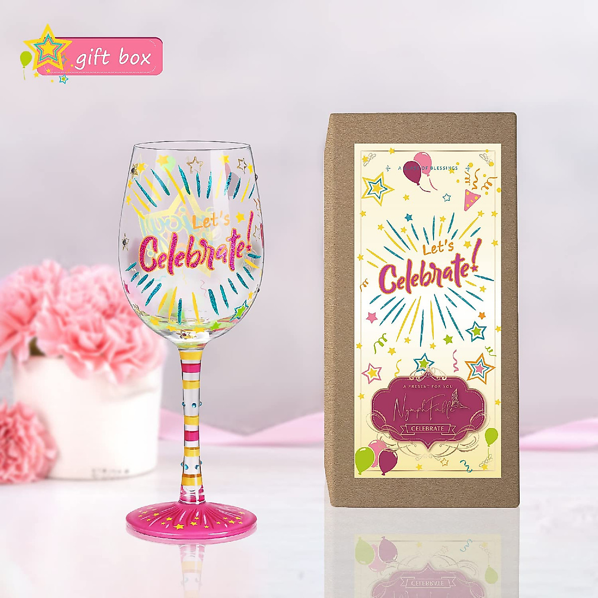 NymphFable Hand Painted Birthday Wine Glass Let‘s Celebrate Birthday Party Decorative Wine Glasses Birthday Gift for Women, 15oz