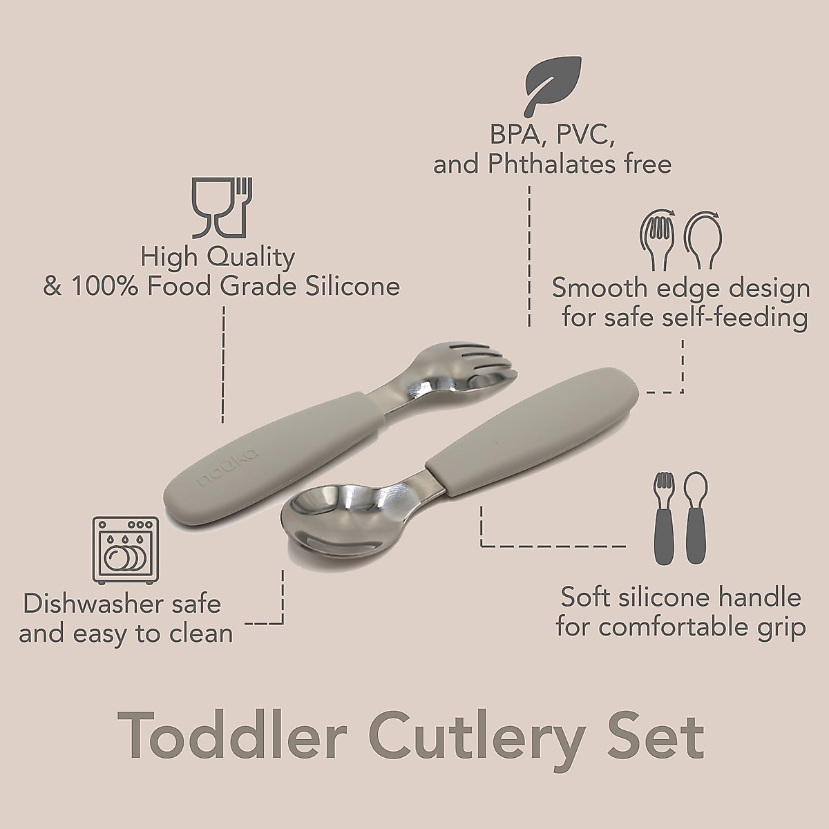 nouka Toddler Cutlery Set | 100% Food-Grade Silicone & Stainless Steel | Comes With A Soft & Comfortable Grip | Safe With Smooth Edge Design | Dishwasher Friendly | Lily Blue