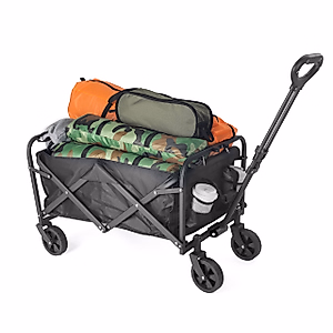 Heavy Duty Collapsible, Foldable, and Rolling Outdoor Utility Wagon for Camping, Beach with Spring-Loaded Handle (Black)