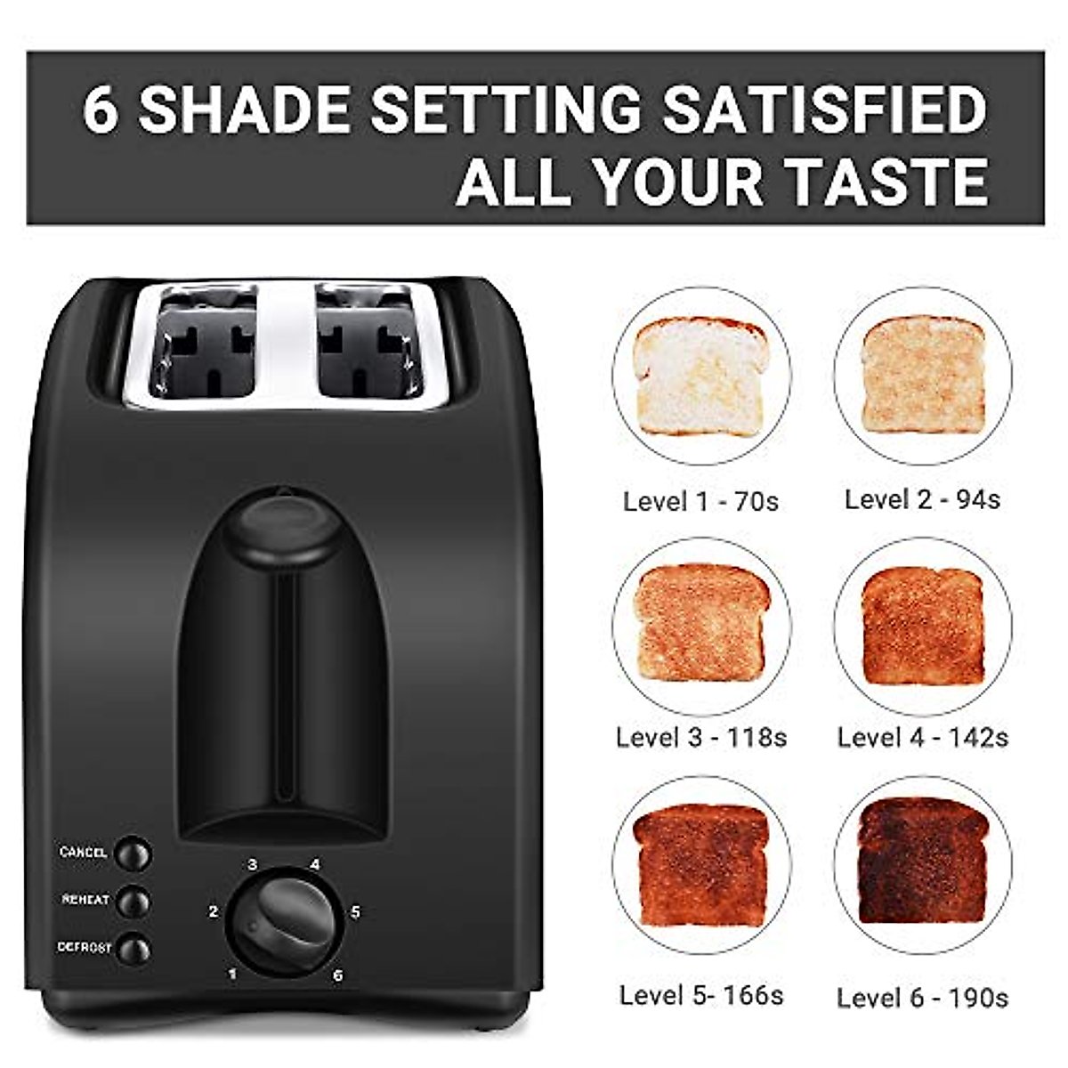 2 Slice Toaster CUSINAID Black Wide Slot Toaster 2 Slice Best Rated Prime with Pop Up Reheat Defrost Functions, 6-Shade Control, Removable Crumb Tray