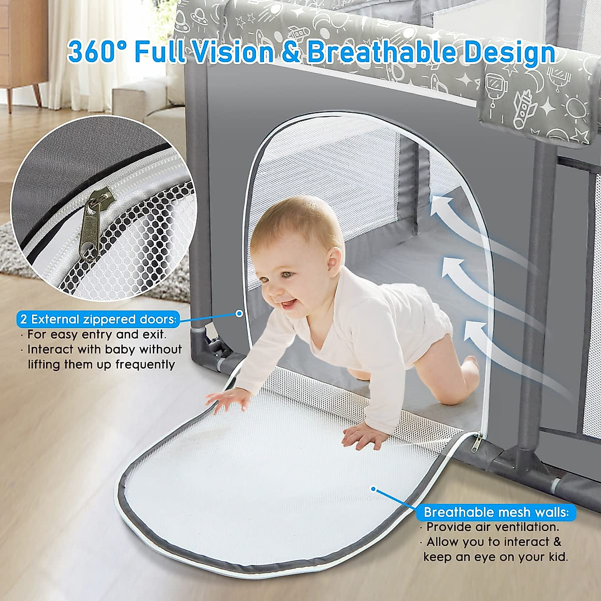 Baby Playpen, Large ,50x50 inch Sturdy Safety Play Yard Playpen for Babies and Toddlers with Soft Breathable Mesh, Anti-Slip Suckers, Indoor & Outdoor Baby Play Area Activity Center