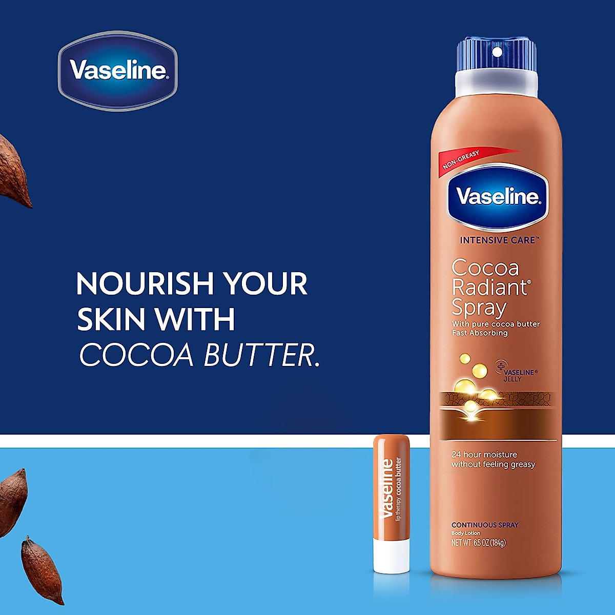 Vaseline Cocoa Radiant Spray 2-Pack for Dry Skin + Vaseline Lip Therapy Cocoa Butter Lip Balm (3 Piece Set)
