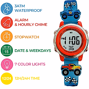 Monster Truck 3D Digital Light Up Watch for Boys, Kids, Children, Kids - Waterproof - School Watch