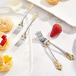 KEAWELL Luxury 5.9" Appetizer Forks, 18/10 Stainless Steel, Set of 4, Gorgeous Cocktail Forks/Dessert Forks (Gold Accent)