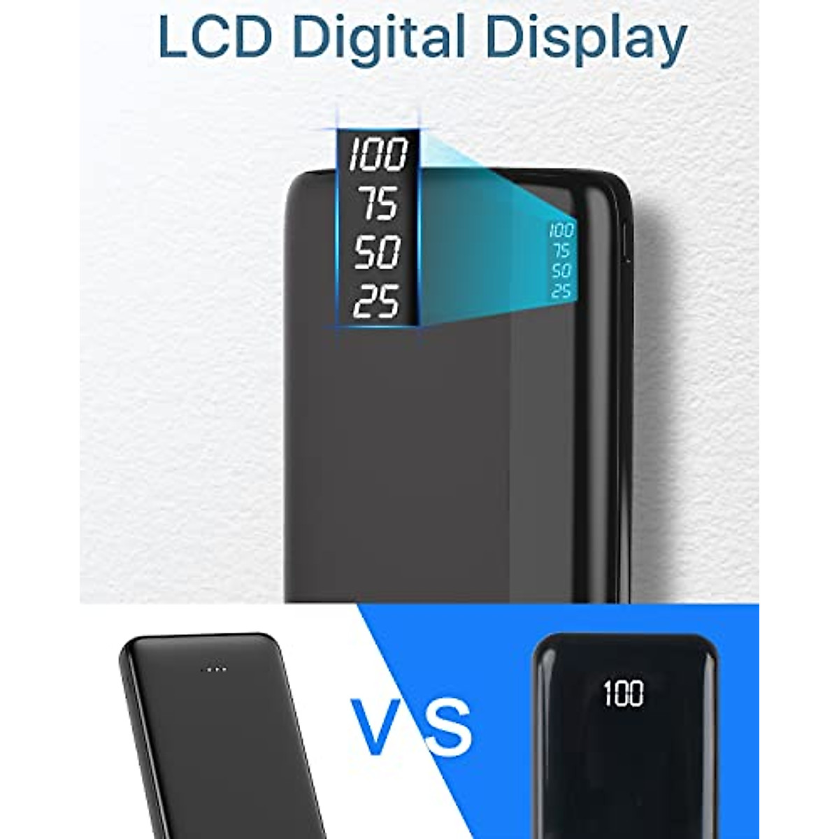 Portable Charger, 12000mAh Dual USB Power Bank with LED Display, Fast Charging Slim External Battery Pack Compatible with iPhone, Samsung Galaxy, Pixel, iPad and More - Black