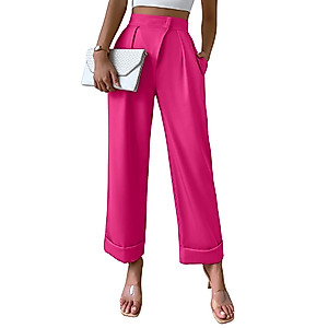 SweatyRocks Women's Elegant High Waist Roll Up Hem Pleated Wide Leg Pants with Pocket Hot Pink M