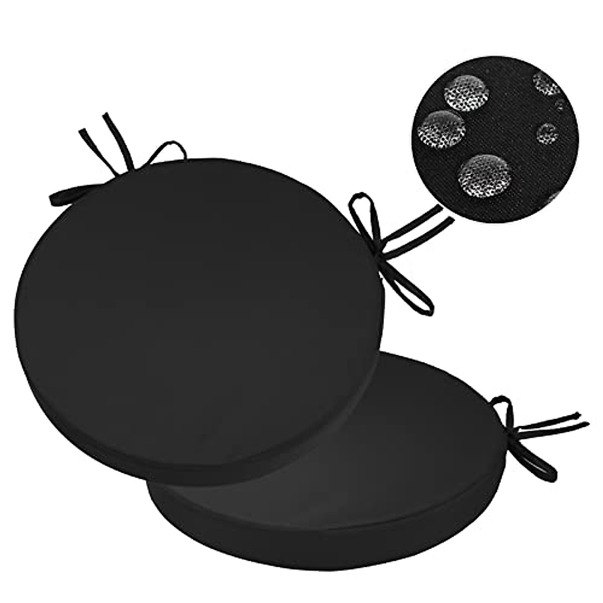 GUEGLSA Indoor Outdoor Round Chair Cushions 15 inch, Waterproof Bistro Seat Cushion with Ties，Non Slip Circle Stool Chair Pads Set of 2, Black
