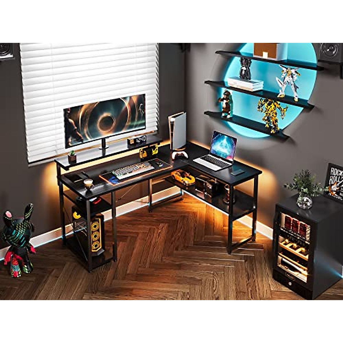 ODK L Shaped Computer Desk, 54" Reversible Corner Computer Desk with Storage Shelves & Monitor Stand, Home Office Desk, Gaming Desk, Writing Desk, Black