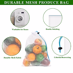 JSVSLTD Set of 12 Reusable Mesh Produce Bags - Washable Produce Bags - 12 Green Medium (12"x14") See-through Mesh Produce Bags for Storage Fruit, Vegetable, Toy