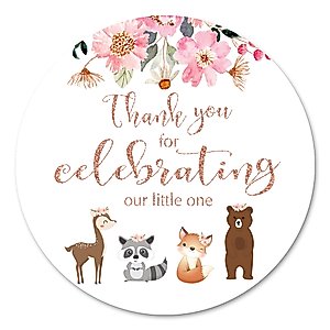 Pink Woodland Animals Thank You Stickers, Floral Girl Baby Shower Or Birthday Party Favor Labels, Seals