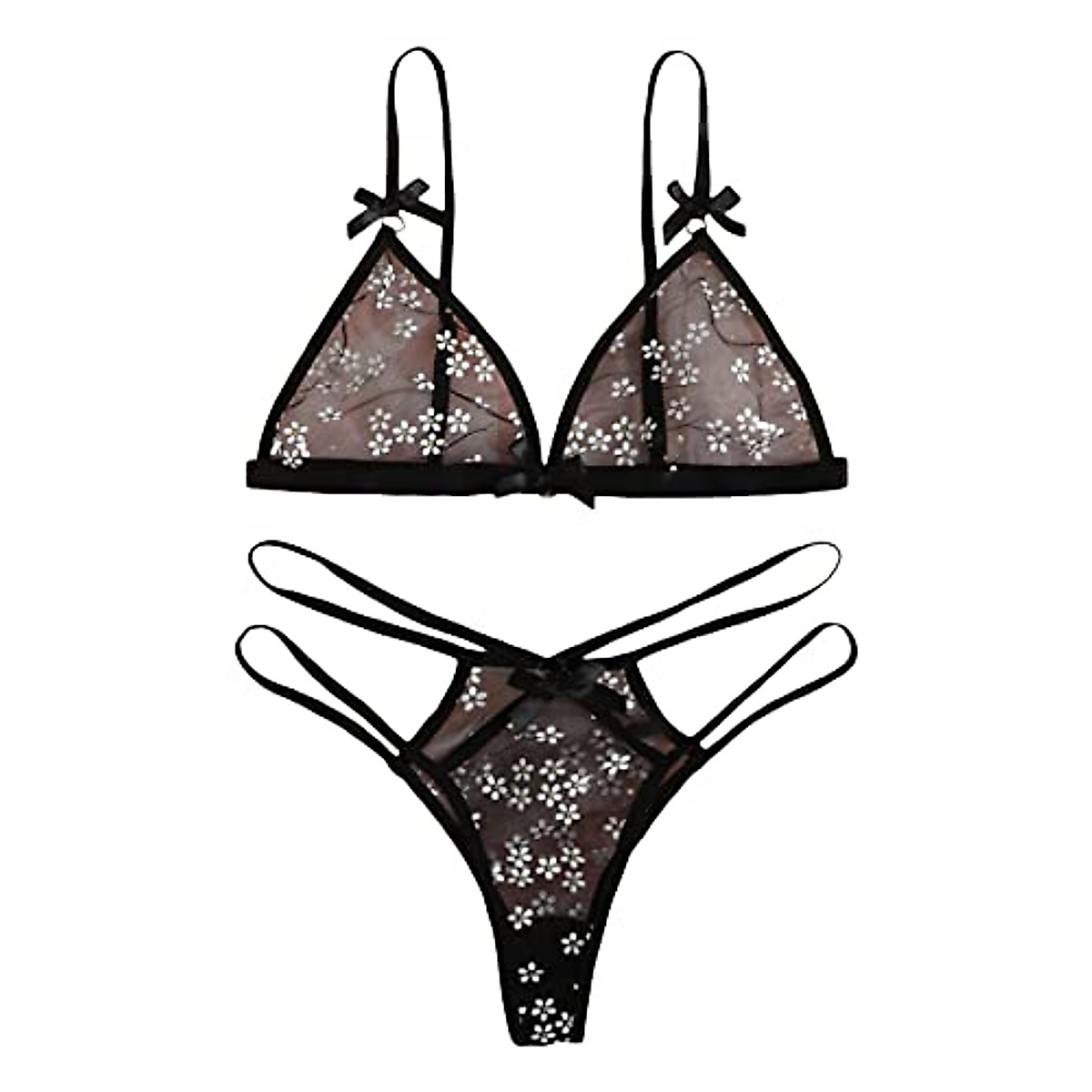 SOLY HUX Women's Sexy Sheer Mesh Lingerie Set See Through Lace Bra and Panty Set Valentines Day Lingerie 2 Piece Solid Black Medium