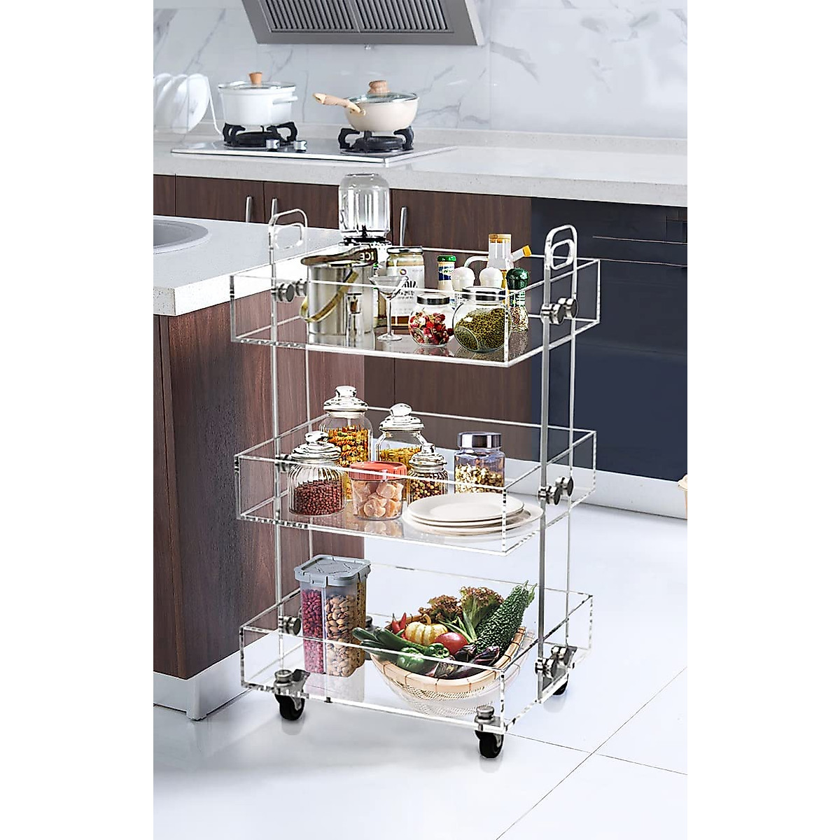 ONELUX 3-Tier Acrylic Utility Rolling Cart, Multifunction Storage Cart On Wheels