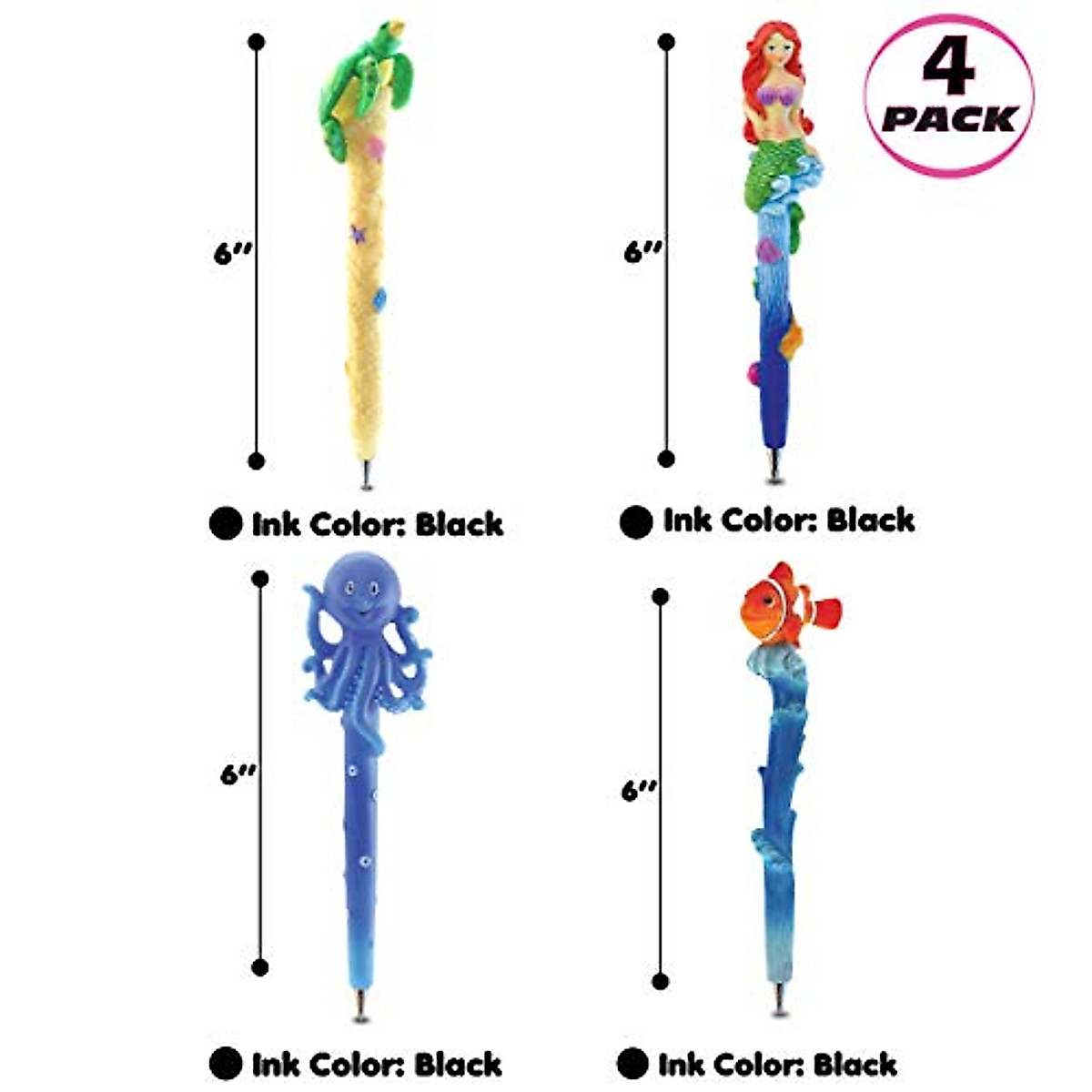 Planet Pens Bundle of Sea Turtle, Mermaid, Octopus, & Clown Fish Novelty Pens - Ballpoint Pens Colorful Sea Life Writing Pens Instrument For School and Office - 4 Pack