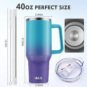 MaxBase 40 Oz Tumbler with Handle and Straw Lid, Insulated Reusable Stainless Steel Travel Mug Keeps Drinks Cold up to 34 Hours, 100% Leakproof Bottle (Amethyst)