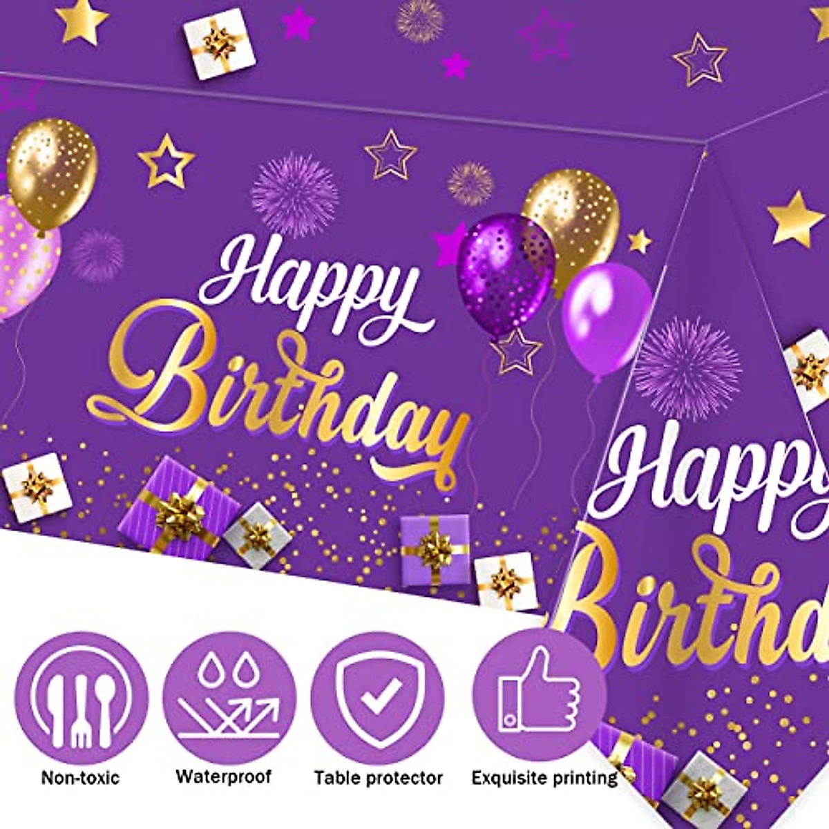ssailue decor 3Pcs Happy Birthday Tablecloth Purple and Gold Birthday Decorations for Girls Women Disposable Plastic Rectangular Table Covers 43”x 70” for Birthday Party Supplies