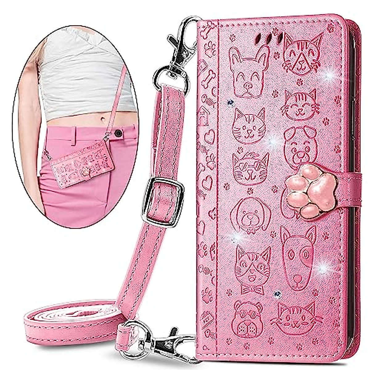 ONV Wallet Case for Oppo Realme 7 Pro - Adjustable Strap Sparkly Animal Leather Folio Cover Card Holder Anti-Shock Stand Magnet Flip Case for Oppo Realme 7 Pro [MG] -Pink