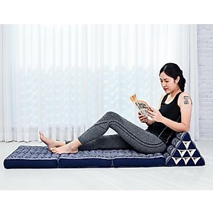 Leewadee - Comfortable Japanese Floor Mattress - Thai Floor Bed with Triangle Cushion - Futon Mattress - Thai Massage Mat, 67 x 21 inches, Blue White, Kapok Filling