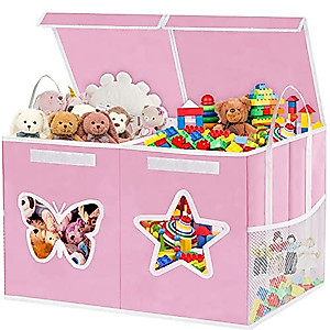 Toy Box for Girls-Large Toy Chest Organizers and Storage with Star Butterfly Transparent Windows,Double Flip-Top Lids,2 Sturdy lengthen Handles and 2 Mesh Bags for Kids,Boys,Nursery,Play Room(Pink)