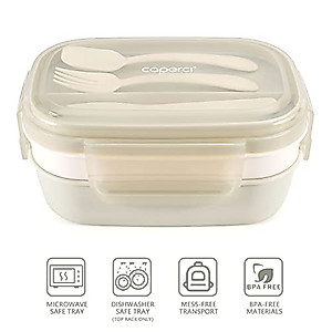Caperci Stackable Bento Box Adult Lunch Box - 3 Layers All-in-One Lunch Containers with Multiple Compartments for Adults & Kids, 55 oz Large Capacity, Built-in Utensil Set & BPA Free (White)