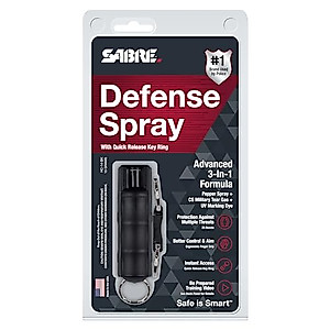 SABRE Defense Spray, 3-in-1 Formula Contains Max Strength Pepper Spray, CS Military Tear Gas & UV Marking Dye, Quick Release Key Ring for Easy Carry, Finger Grip for More Accurate Aim, 0.54 fl oz
