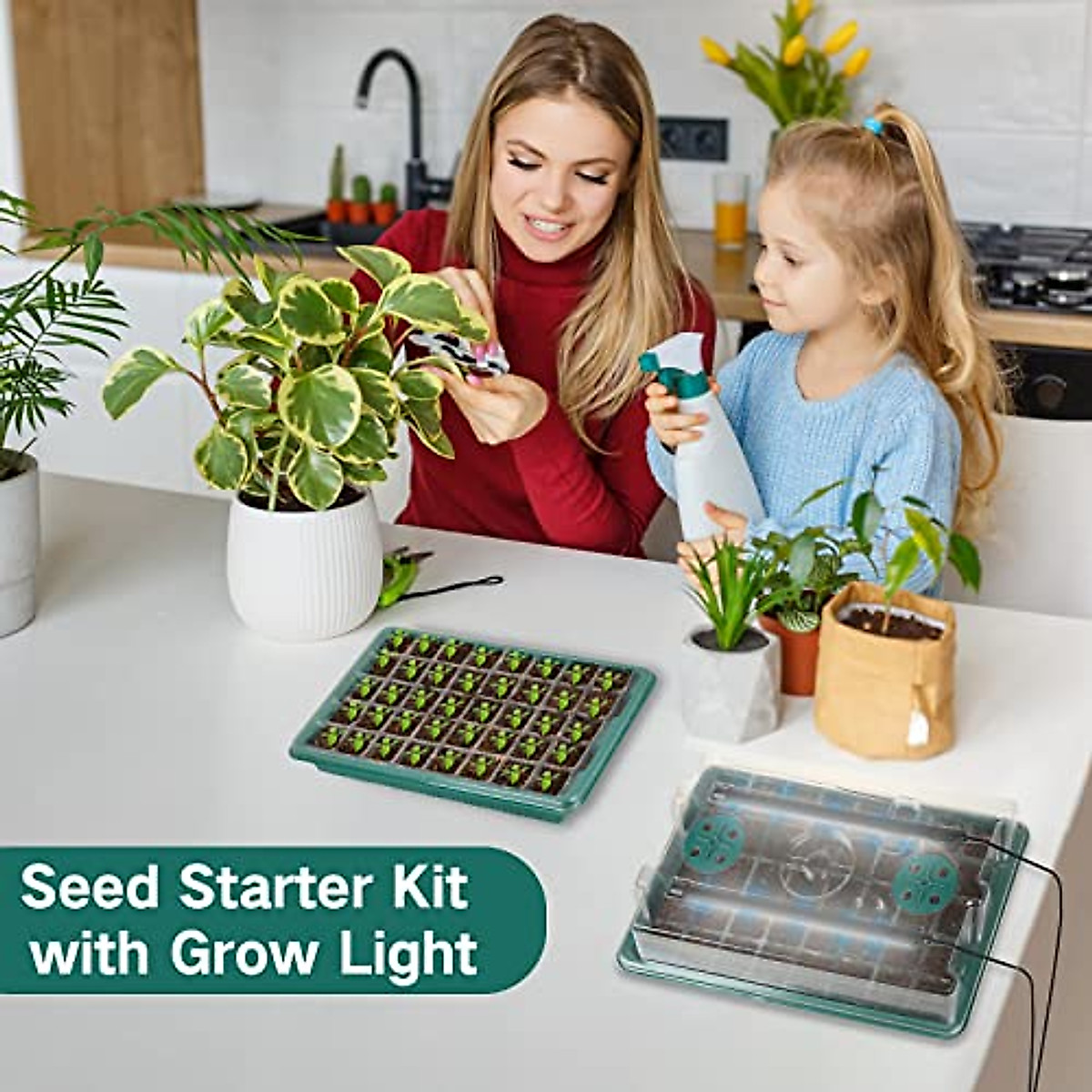 LCYATSI 2 Set 80-Cell Seed Starter Kit with Grow Light and 80pcs Peat Pellet Humidity Dome (80 Cells Total Tray) Seed Starting Trays, Base Large Greenhouse Germination Kit for Seeds Growing Starting