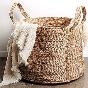 GooBloo Large Woven Storage Basket 100% Jute - 20” x 16” Tall Decorative Jute Rope Basket for Living Room, Toys or Blankets - Wicker Baskets with Handles - Handmade Natural Laundry Hamper