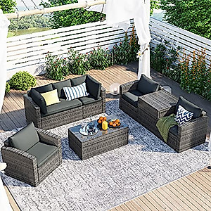 BIADNBZ 7 Piece Outdoor Patio Furniture Set for 6,All-Weather Wicker Sectional Sofa with a Loveseat and Storage Box, Rattan Conversation Couch with Glass Table for Garden Backyard, Grey
