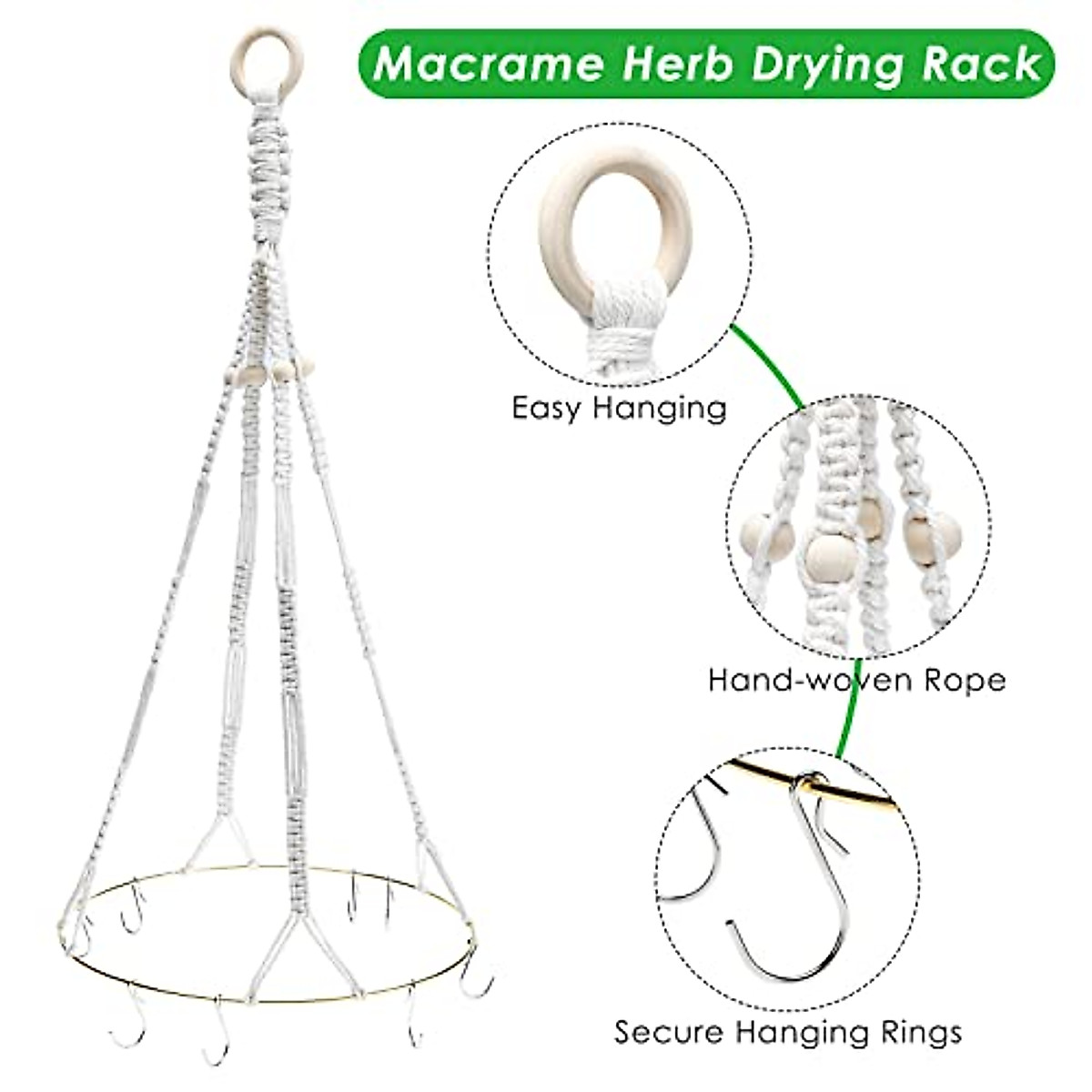 SanSanYa 4Set Herb Drying Rack Macrame Herb Drying Hanger with 64pcs Hooks for Hanging and Drying Herb Buds Flower