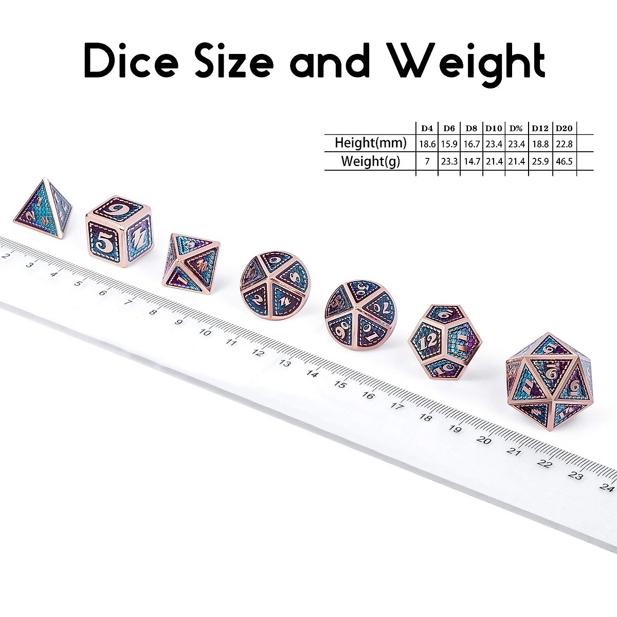 DNDND Metal D&D Dice Set,7 Pieces Dragon Scale Metallic D&D Die with Gift Metal Case for Dungeons & Dragon Game (Teal and Purple with Copper Edge)