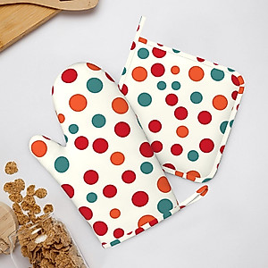 Polka Dot Printed Oven Mitts and Pot Holders Sets Heat Resistant Kitchen Oven Gloves Potholders Set Extra Long Non-Slip Silicone Gloves for Cooking Baking BBQ
