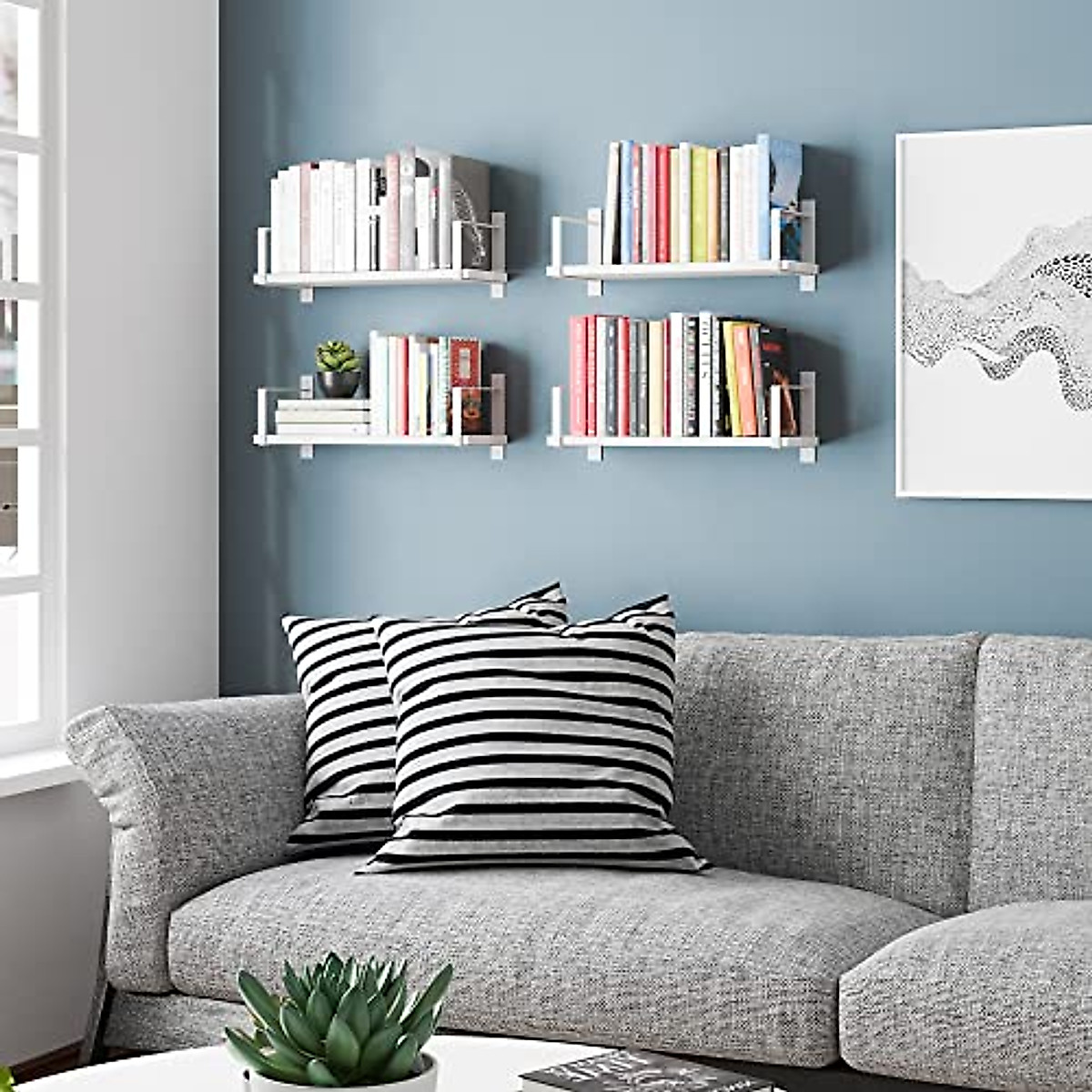 Wallniture Toledo 17" Floating Shelves for Wall, Bookshelf Living Room Decor, Kitchen Organization, Bathroom Shelves, 17" Office Wall Shelf Set of 4 White