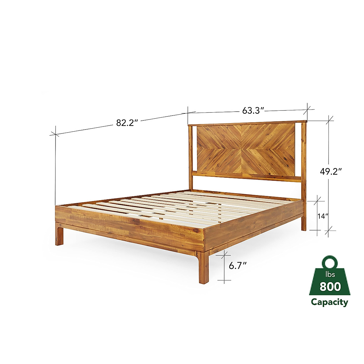 Bme Vivian 14 Inch Deluxe Bed Frame with Headboard, Rustic & Scandinavian Style with Solid Acacia Wood, No Box Spring Needed, 12 Strong Wood Slat Support, Easy Assembly, Queen, Rustic Golden Brown