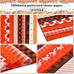 SANNIX 100 Sheet Fall Thanksgiving Tissue Paper, Pumpkin Maple Leaves Plaid Dots Crafts Paper Orange Yellow Autumn Wrapping Paper for Fall Harvest Thanksgiving Gift Wrapping Decorations (10 Design)