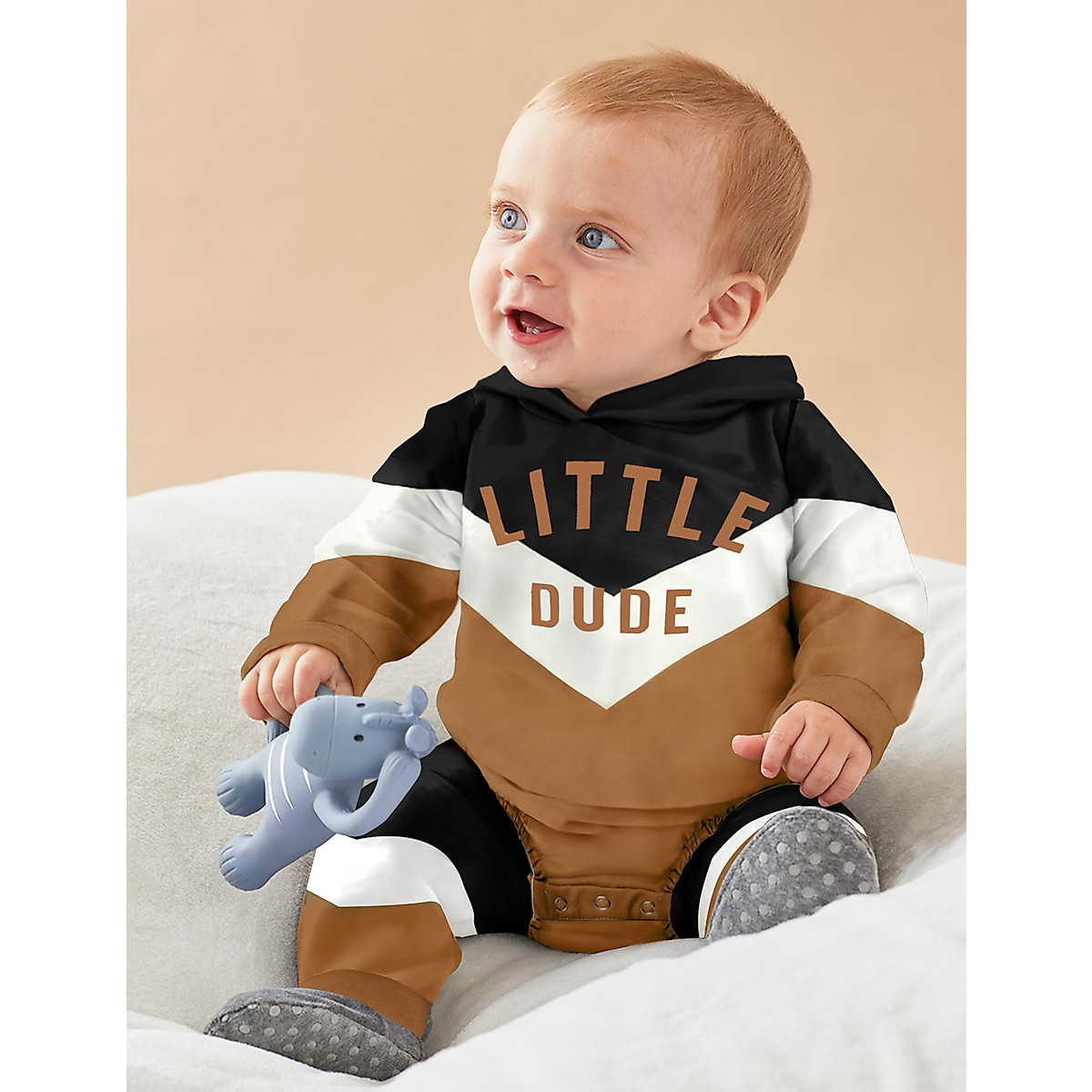 AGAPENG Baby Boy Clothes 3-6 Months Color Block Hoodie Sweatsuit Oversized Sweatshirt Onesie Romper Long Pants Fall Baby Boy Clothes Baby Boy Winter Clothes Thanksgiving Outfit Brown