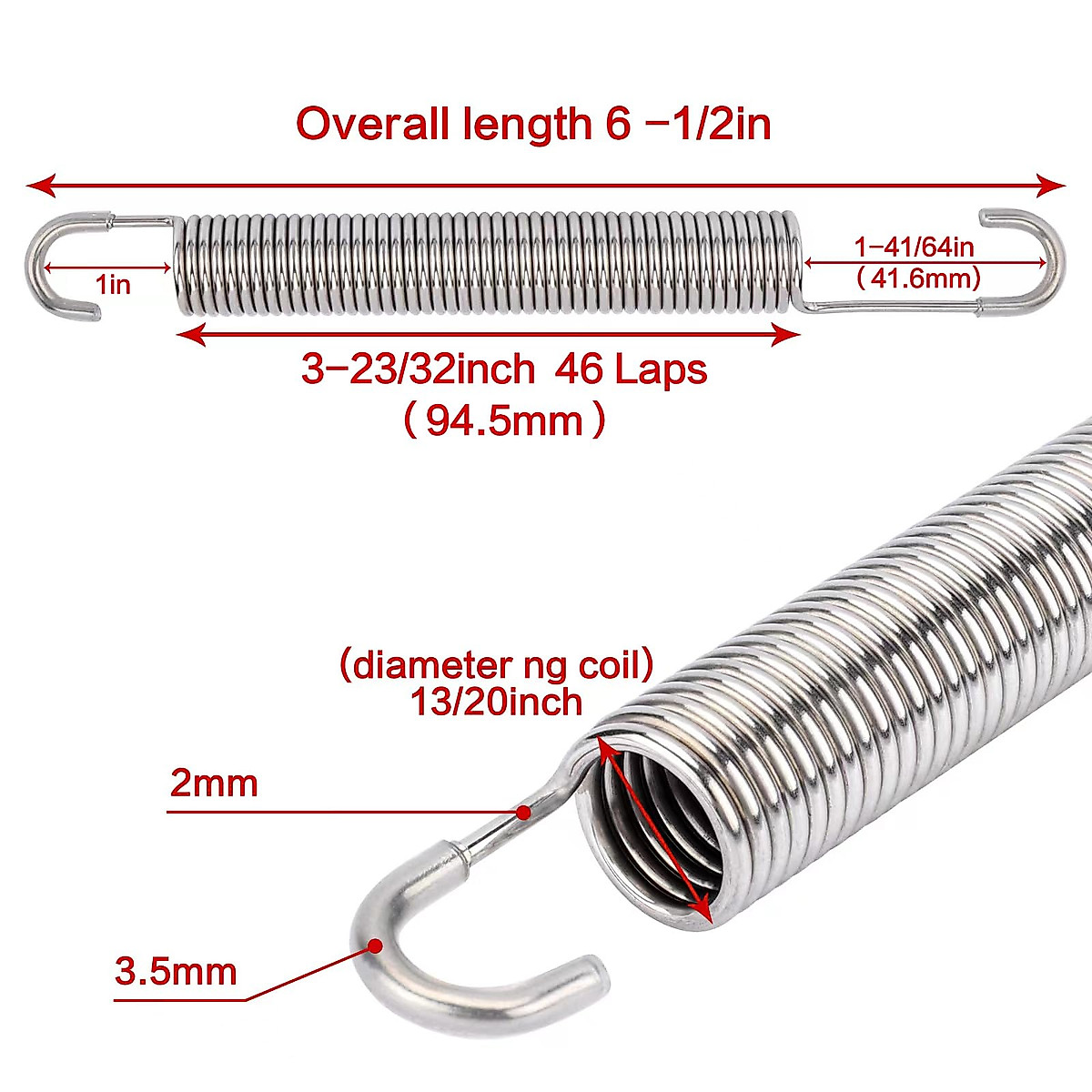 GNPADR GUPO 6-1/2 inch (2Pcs) Stainless Steel Replacement Recliner Sofa Chair Mechanism Tension Spring - Long Neck Hook Style