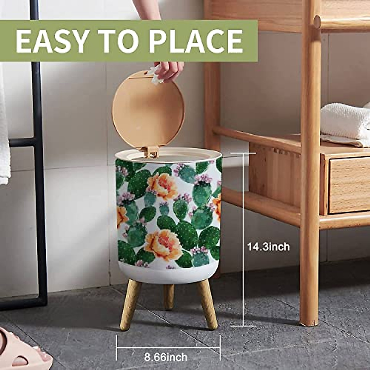 Small Trash Can with Lid Seamless floral summer tropical with blooming cactusessucculents Garbage Bin Wood Waste Bin Press Cover Round Wastebasket for Bathroom Bedroom Diaper Office Kitchen