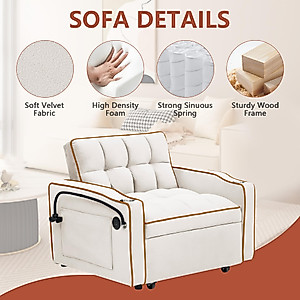 HUMEHA Convertible Chair Bed, Modern Velvet Sofa Chair Sleeper Bed with USB Ports & Cup Holders, Adjustable Backrest Single Lounge Armchair with Phone Holder for Living Room Bedroom, Creamy White