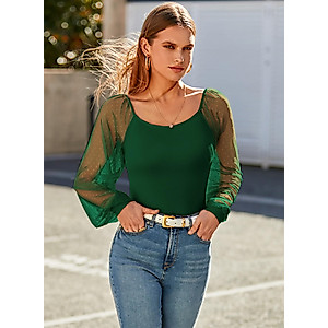 DOROSE Womens Mesh Long Sleeve Shirts Casual Blouses Tops Christmas Dark Green M