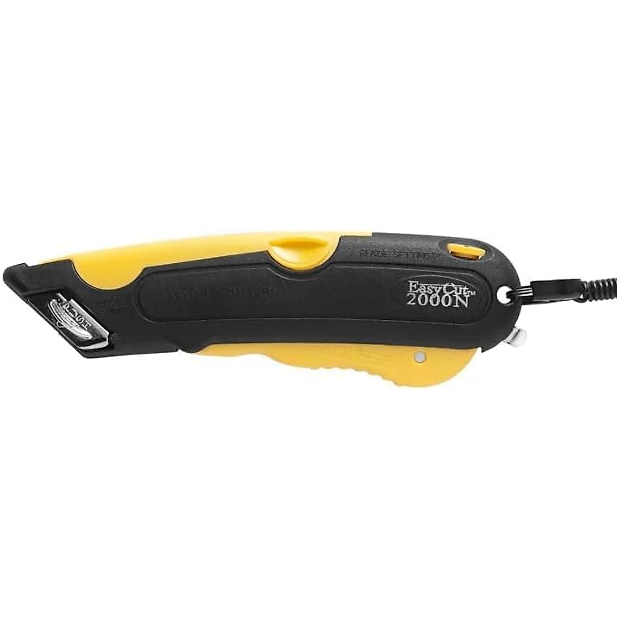 Easycut Box Cutter, extra tape cutter at back, dual side edge guide, 3 blade depth setting, 2 blades and holster - 2000N Yellow Color Knife Easy Cut
