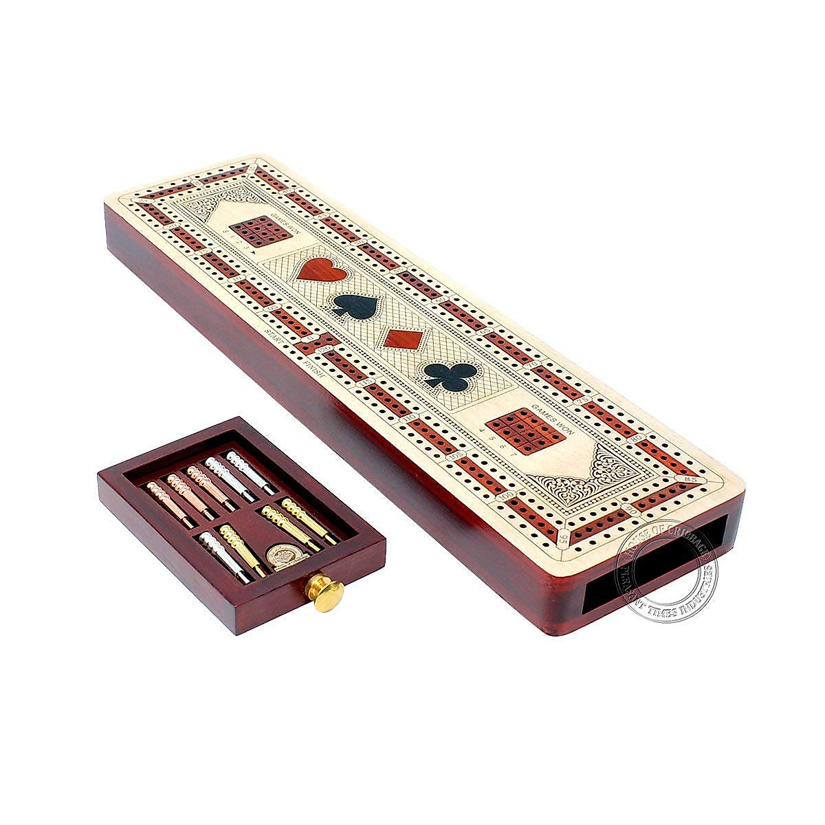 House of Cribbage - 3 Track Continuous Cribbage Board Inlaid in Maple Wood/Bloodwood - Size: 12.5 Inch - Wood Inlaid Card Symbols (Suits) + Storage Drawer for Cribbage Pegs