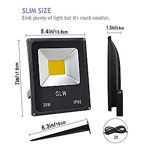 GLW 20W LED Landscape Lights 12V~60V AC/DC Flood Light Warm White 3000K Waterproof Garden Yard Path Lights Walls Trees Flags Outdoor Spotlights with Spike Stand (4 Pack)