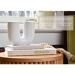 Kigan Home Linen Decorative Book - Real Hardcover Neutral Midcentury Modern - Wooden Bead Garland for Coffee Table Decor, Modern or Boho Home Decor, Shelves, Fireplace Mantel