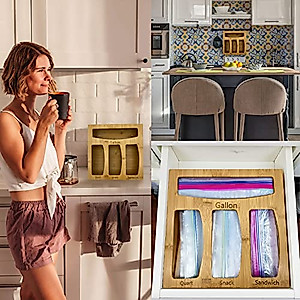 ANNISITE Ziplock Bag Organizer, Ziploc Bag Organizer for Drawer, Removable Magnetic Top Cover, Bamboo Food Storage Bag Organizer Box Compatible with Gallon, Quart, Sandwich and Snack Bag