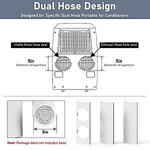 Flamorrow Dual Hose Portable Air Conditioner Window Kit, 5" Diameter Adjustable Window Seal Plates with Foam Seal Strip, Sliding AC Window Vent Kit for Exhaust Hose, White