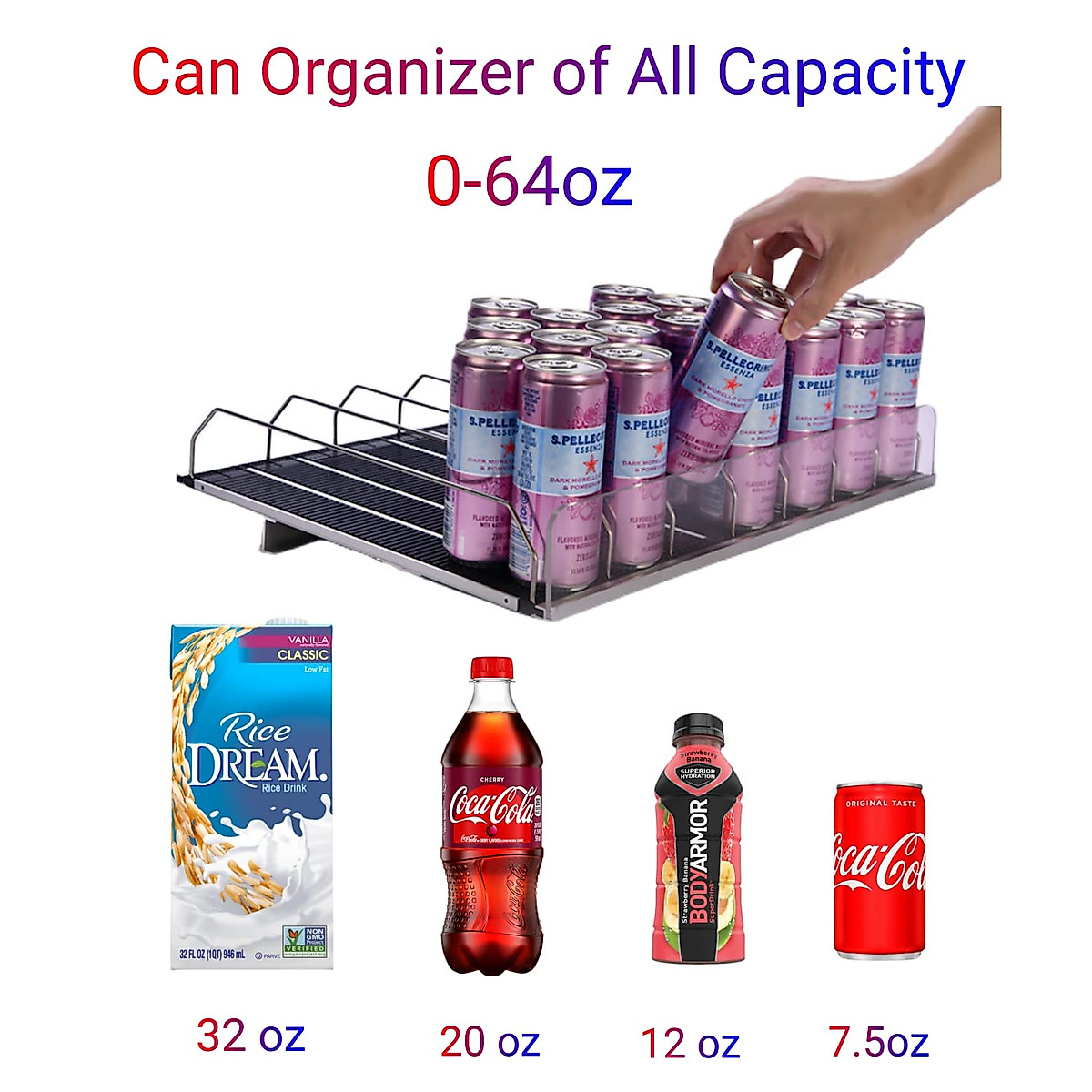 Soda Can Organizer for Refrigerator Any Width Ajustable (12-64oz) Gravity Fed Glide Drink Bottle Dispenser for Fridge Beer Beverage Dispenser, Storage for Refrigerator Pantry and More(1 Pack)