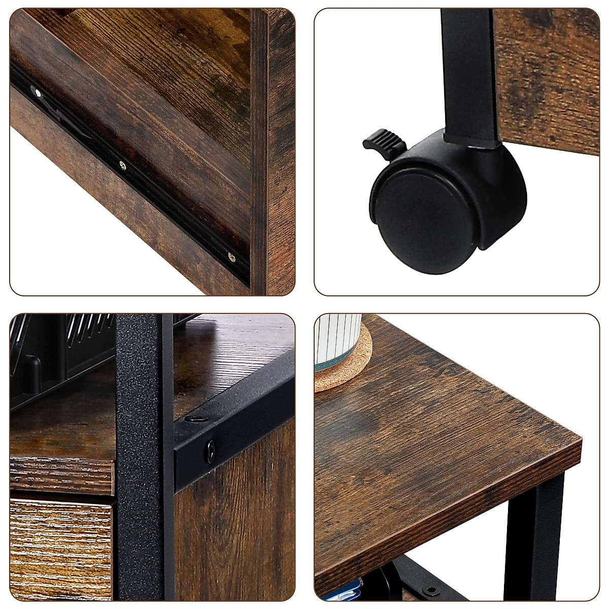 TC-HOMENY Mobile File Cabinet on Wheels Office Cabinet with 2 Drawers, Wood Filing Cabinet fits A4 or Letter Size for Home Office, Rustic Brown