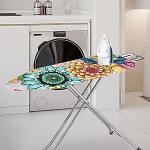 ZWPINITUP Boho Flower Ironing Board Cover Polyseter Scorch Resistant with Hook and Loop Fastener Strap, Elastic Edge One Size