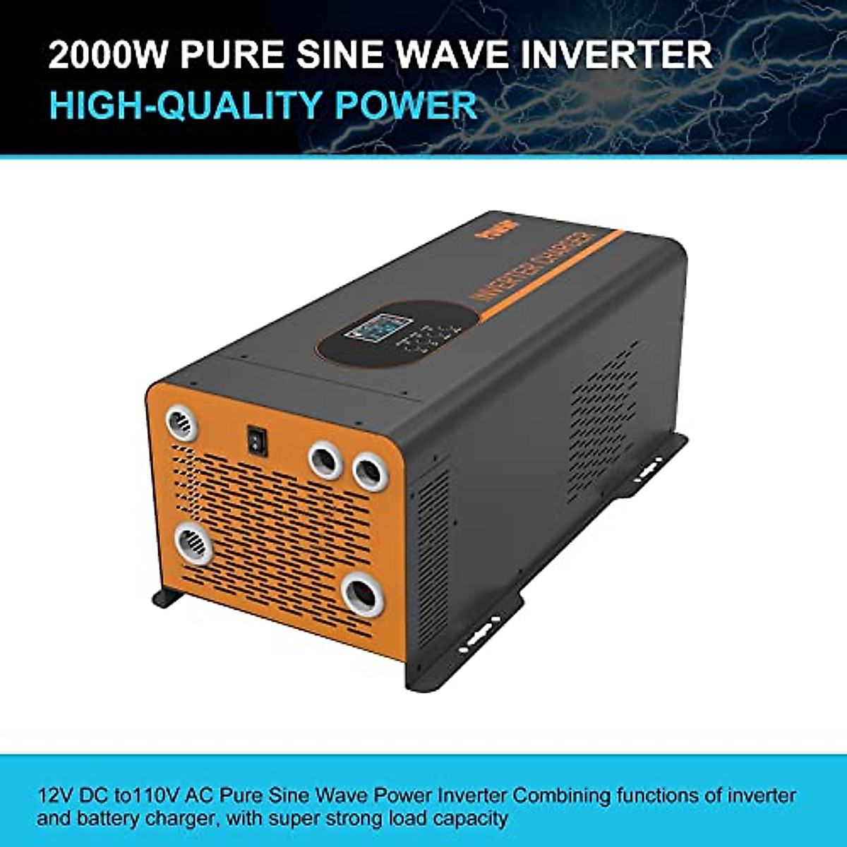 PowMr 2000W Hybrid Inverter Pure Sine Wave Inverter Output 12VDC~110V AC Low Frequency Inverter Home Solar Inverter with LCD Display with 12V Lead-Acid and Lithium Battery