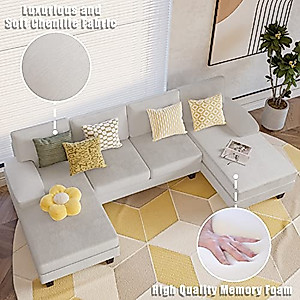 YESHOMY Convertible Sectional U-Shaped Couch with Soft Modern Cotton Chenille Fabric for Living Room, 6 Seats Oversized Sofas with Comfortable Backrest, Cream White